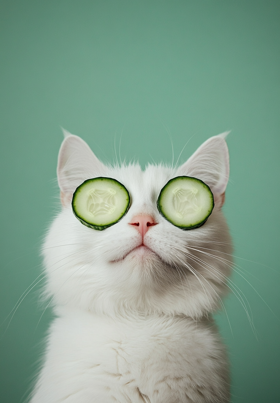 Free: White cat relaxing with cucumber slices on eyes against olive ...
