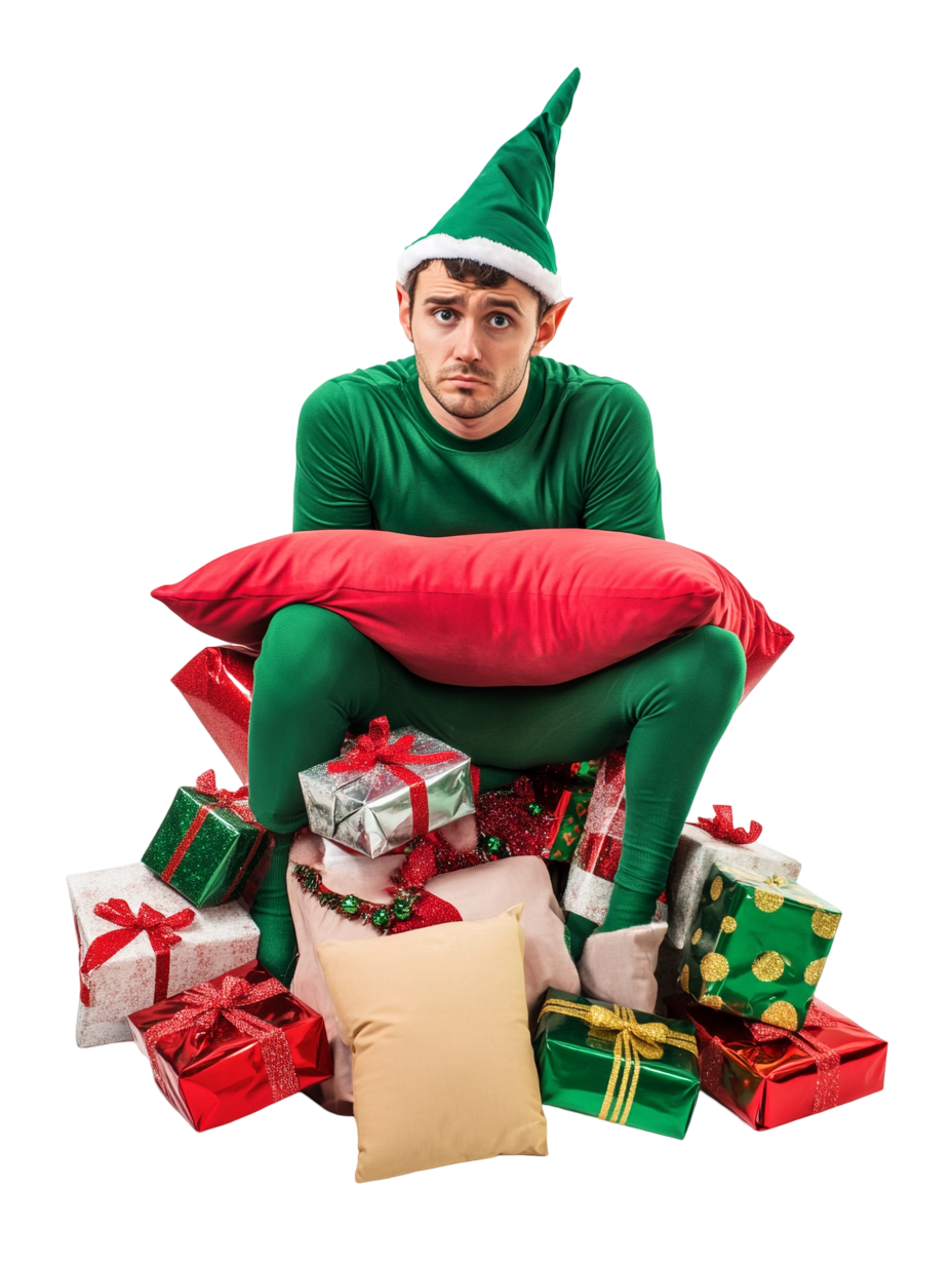 Free: Tired Elf on a Pillow Surrounded by Christmas Gifts - nohat.cc