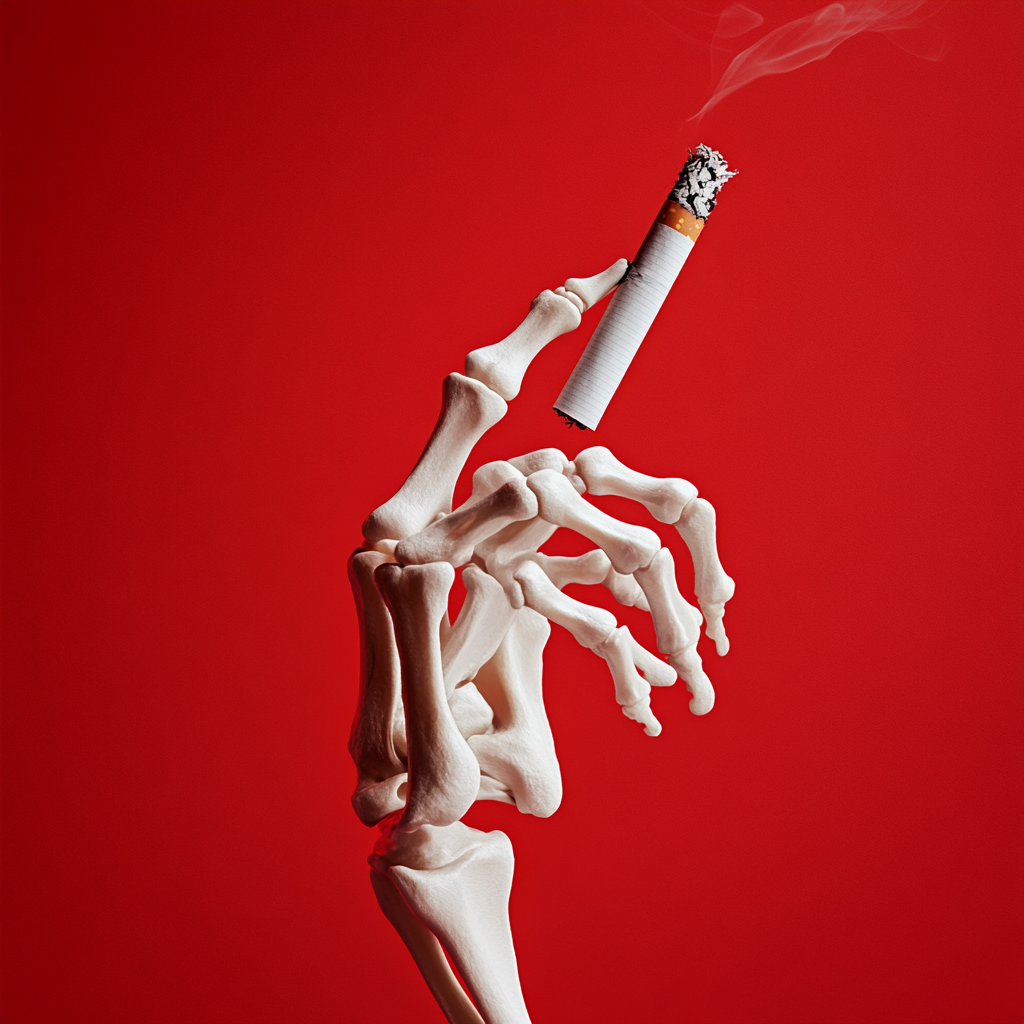 Free: Skeleton Hand Pulling Cigarette Against Red Background in Product ...