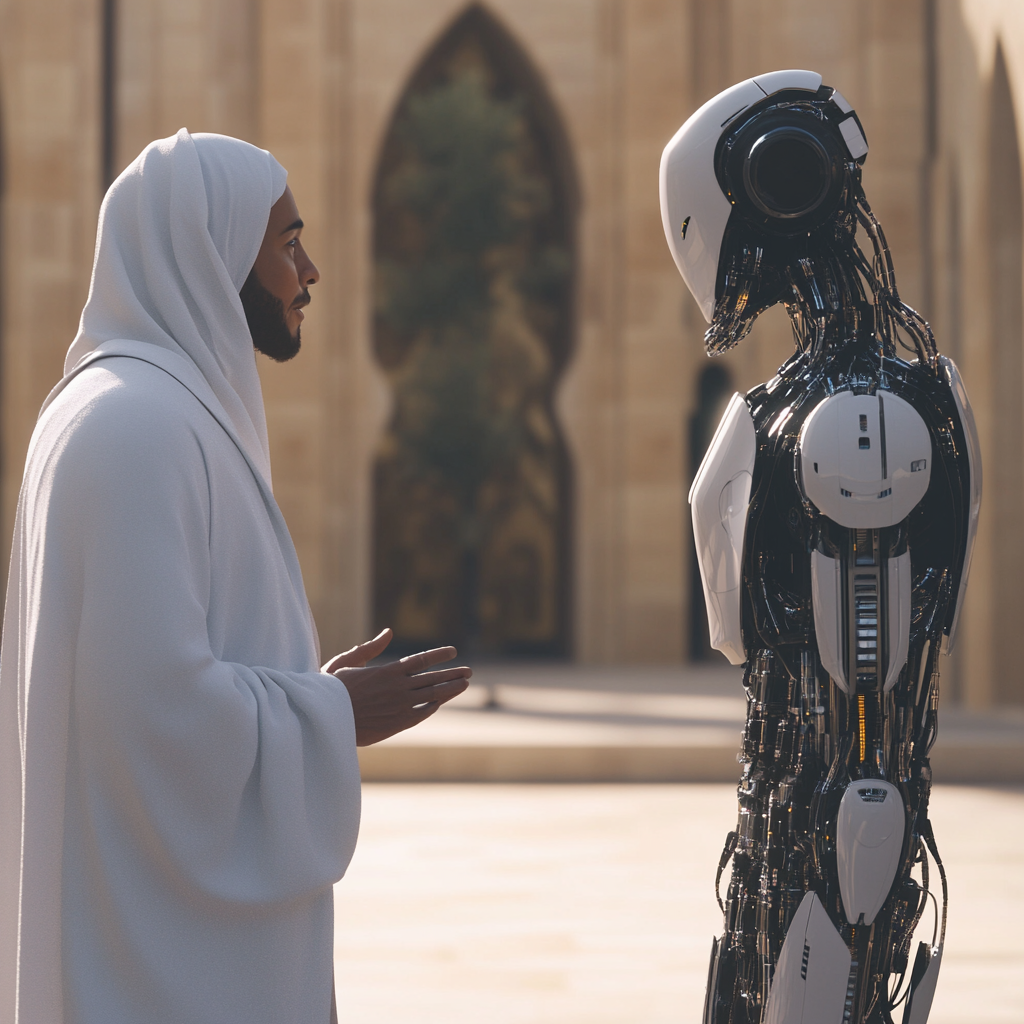 Free: Muslim Man on Sidewalk Engaging with Robot Five Meters Away ...
