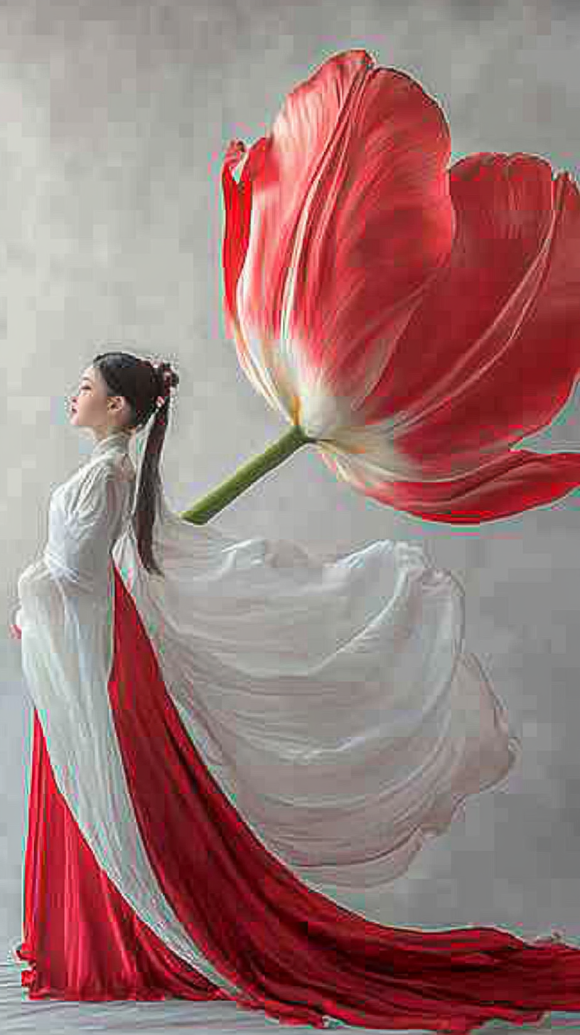 Free: Young Chinese ballet dancer in pink dress beside giant tulip ...