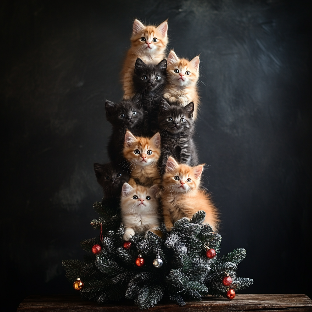 Free: Colorful Kittens Sitting on a Christmas Tree in Cozy Living Room ...