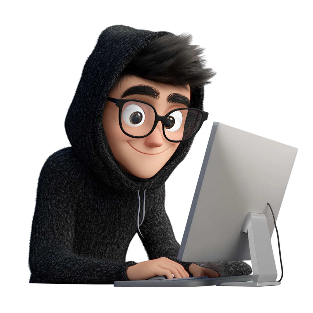 Free: PNG Cartoon hacker in dark hoodie smirking at computer in cozy ...