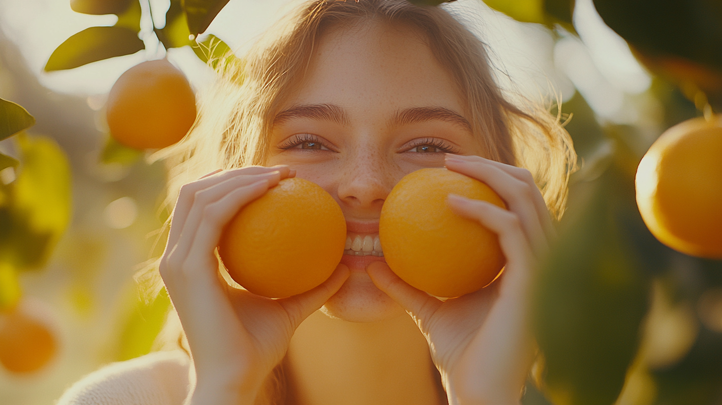 Free: Joyful Woman Playfully Hiding Behind Fresh Oranges - nohat.cc