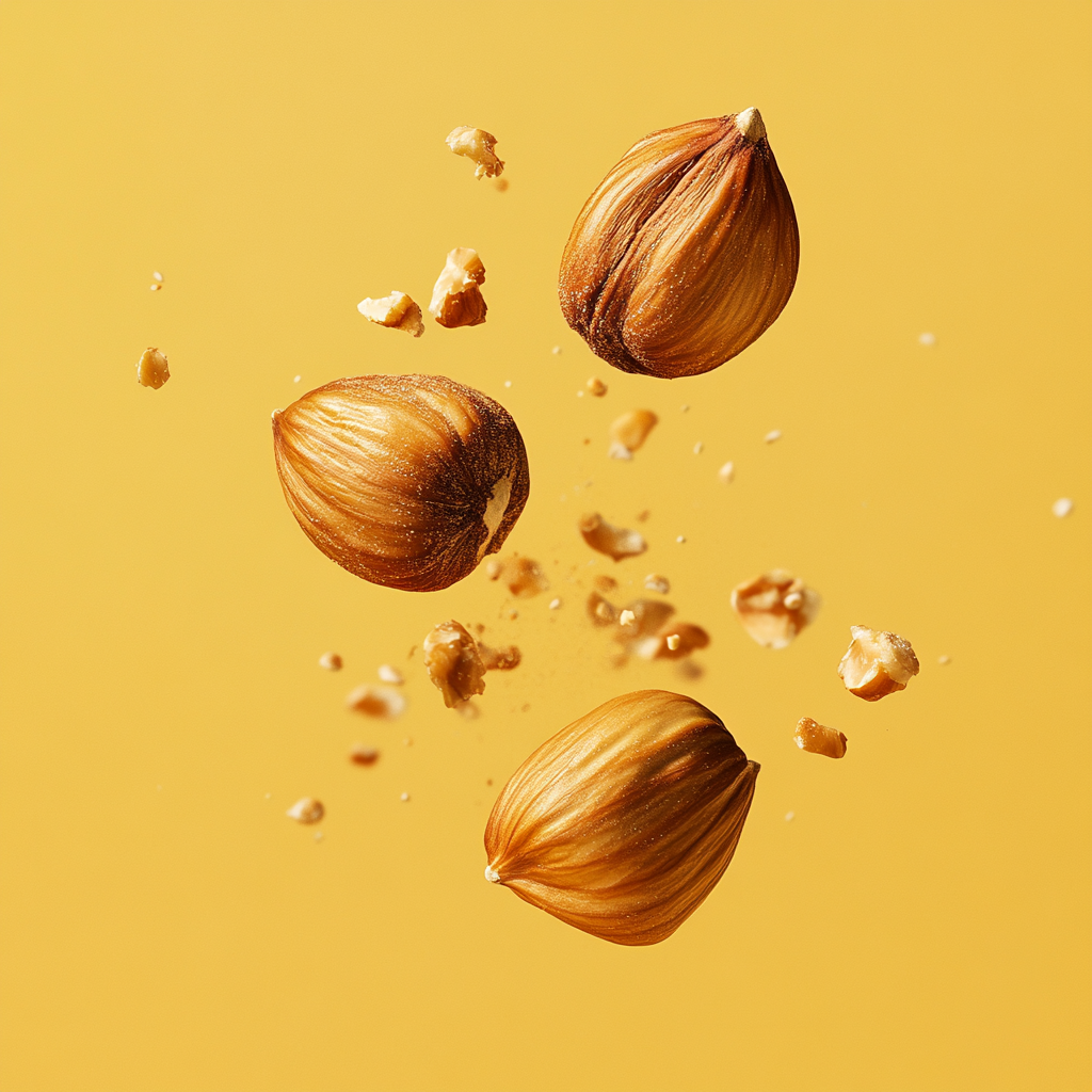 Free: Three Hazelnuts Falling Against Bright Yellow Background in ...