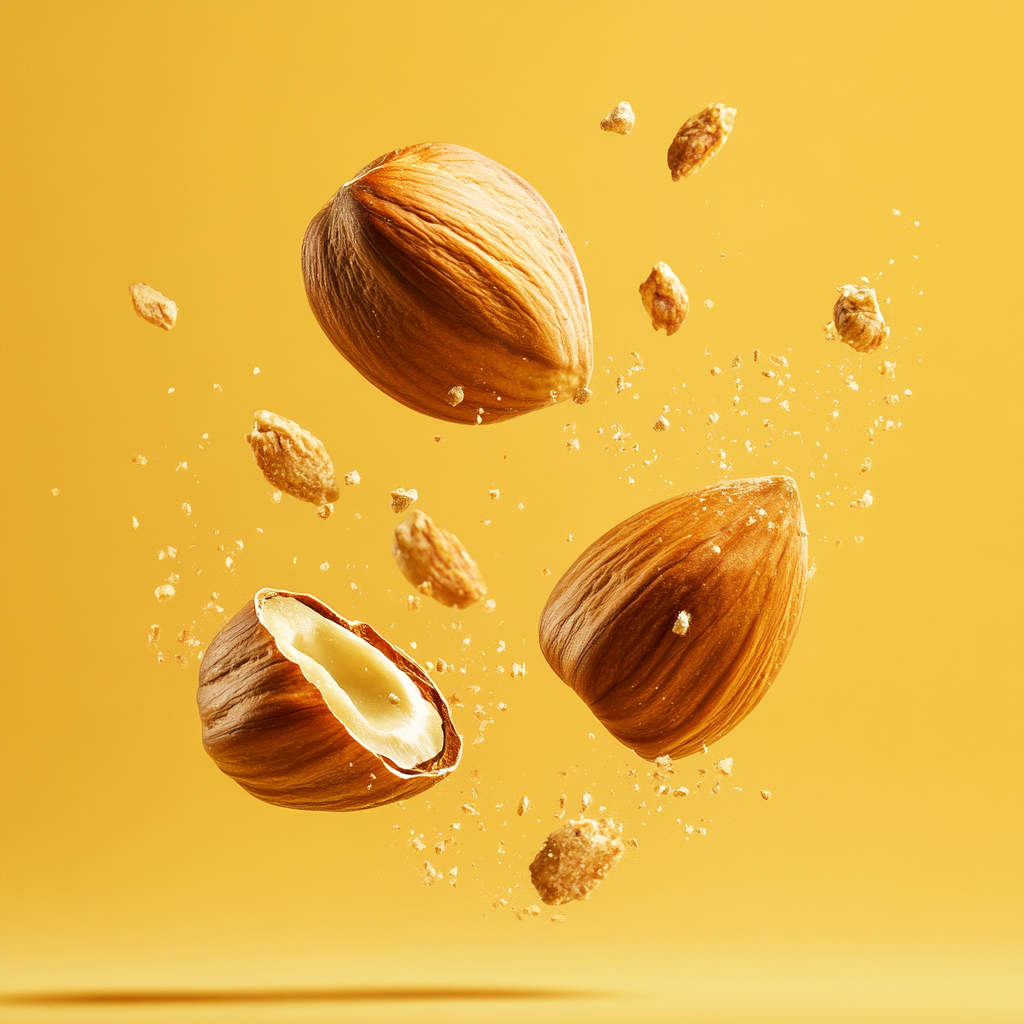 Free: Three Hazelnuts Falling Against Bright Yellow Background in ...