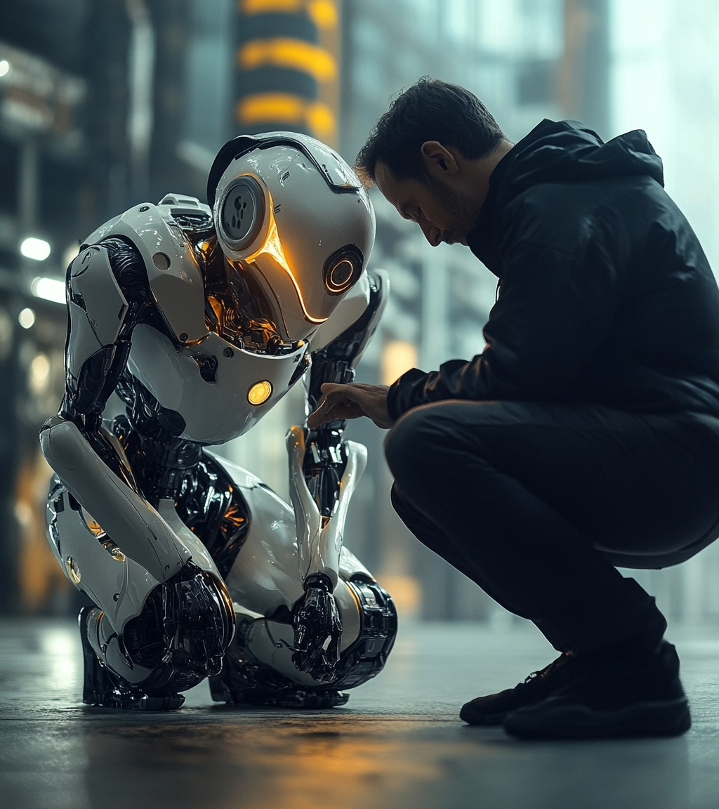 Free: Humanoid Robot Kneeling Before Man in Modern Living Room Setting ...