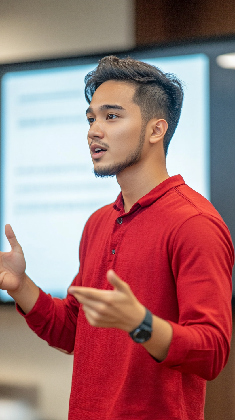 Free: Young Indonesian Gen Z man presenting confidently in front of TV ...